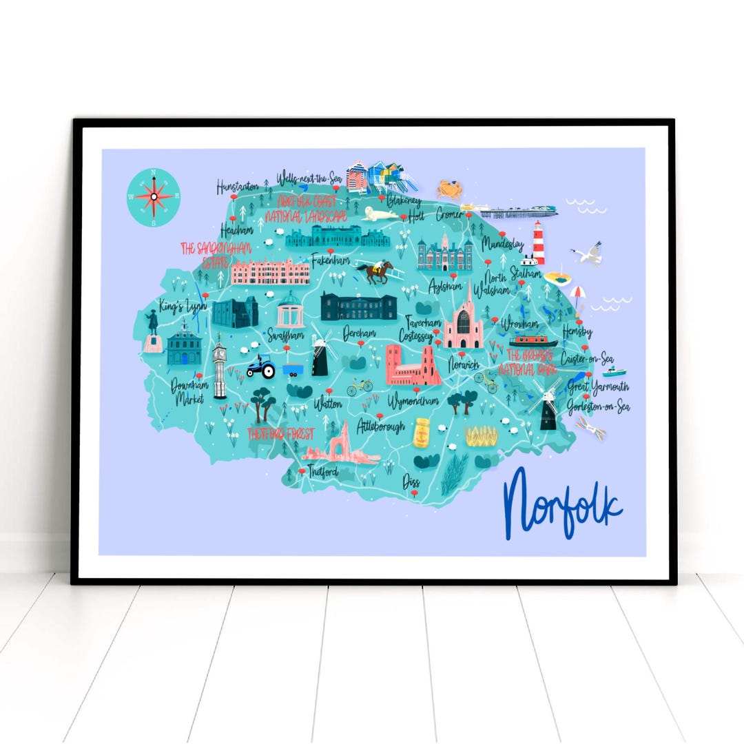 Map of Norfolk Art Print, Norfolk Travel Print, Hand Drawn Map, Norfolk Map, Norfolk Art Print ...