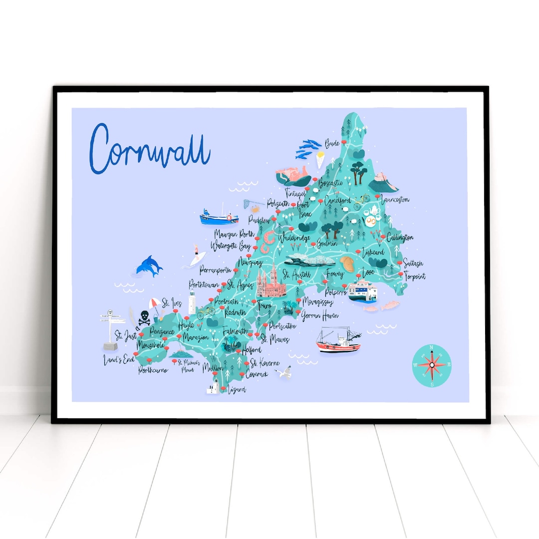 Map of Cornwall Art Print, Cornwall Travel Print, Hand Drawn Map ...