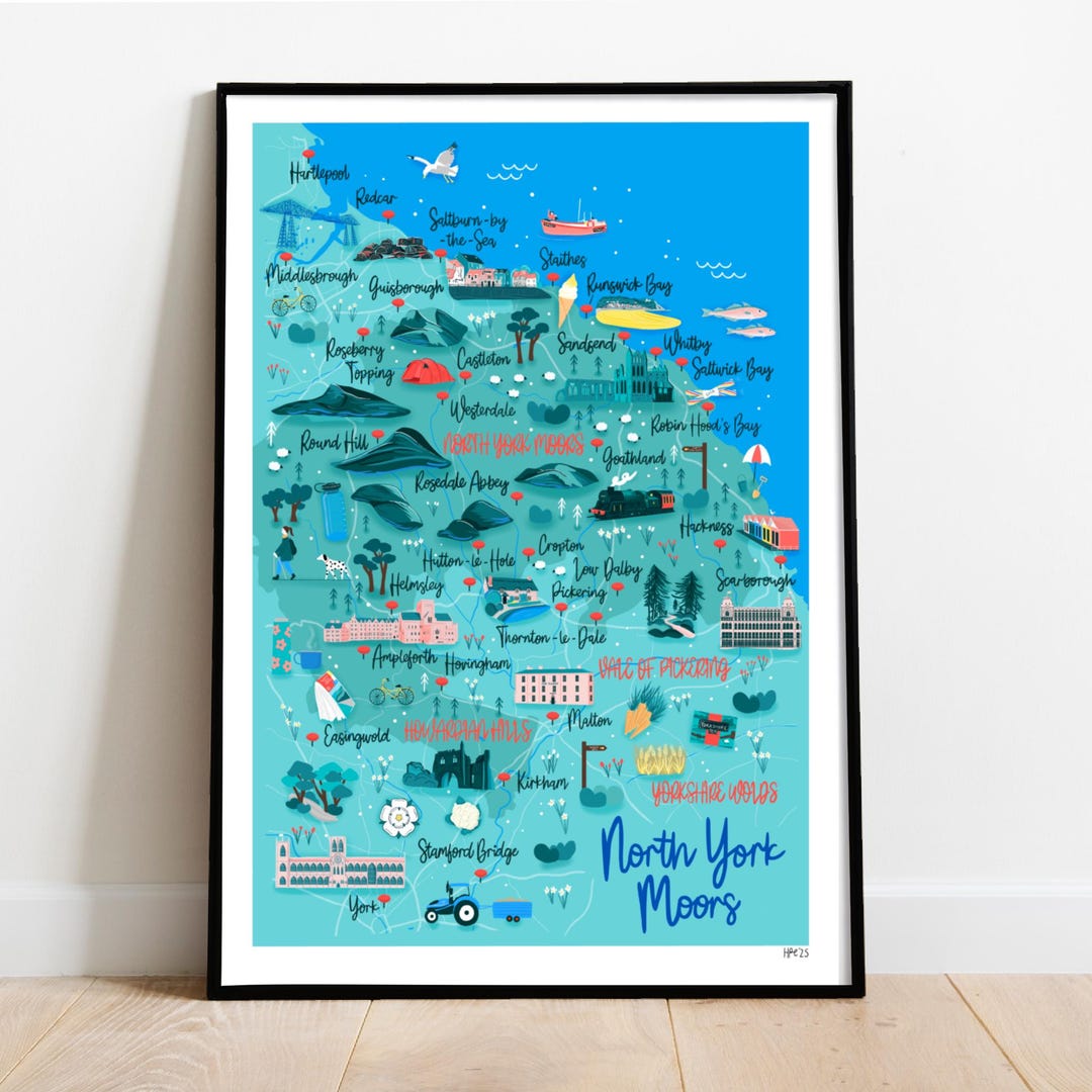 Map of North York Moors, North York Moors Travel Print, Hand Drawn Map ...
