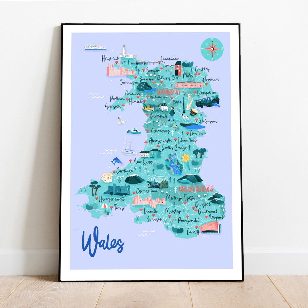 Wales Map Art Print, Wales Travel Print, Hand Drawn Map, Wales Map ...