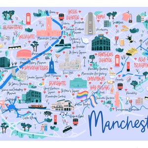 Manchester Map Art Print, Manchester Travel Print, Hand Drawn Map ...