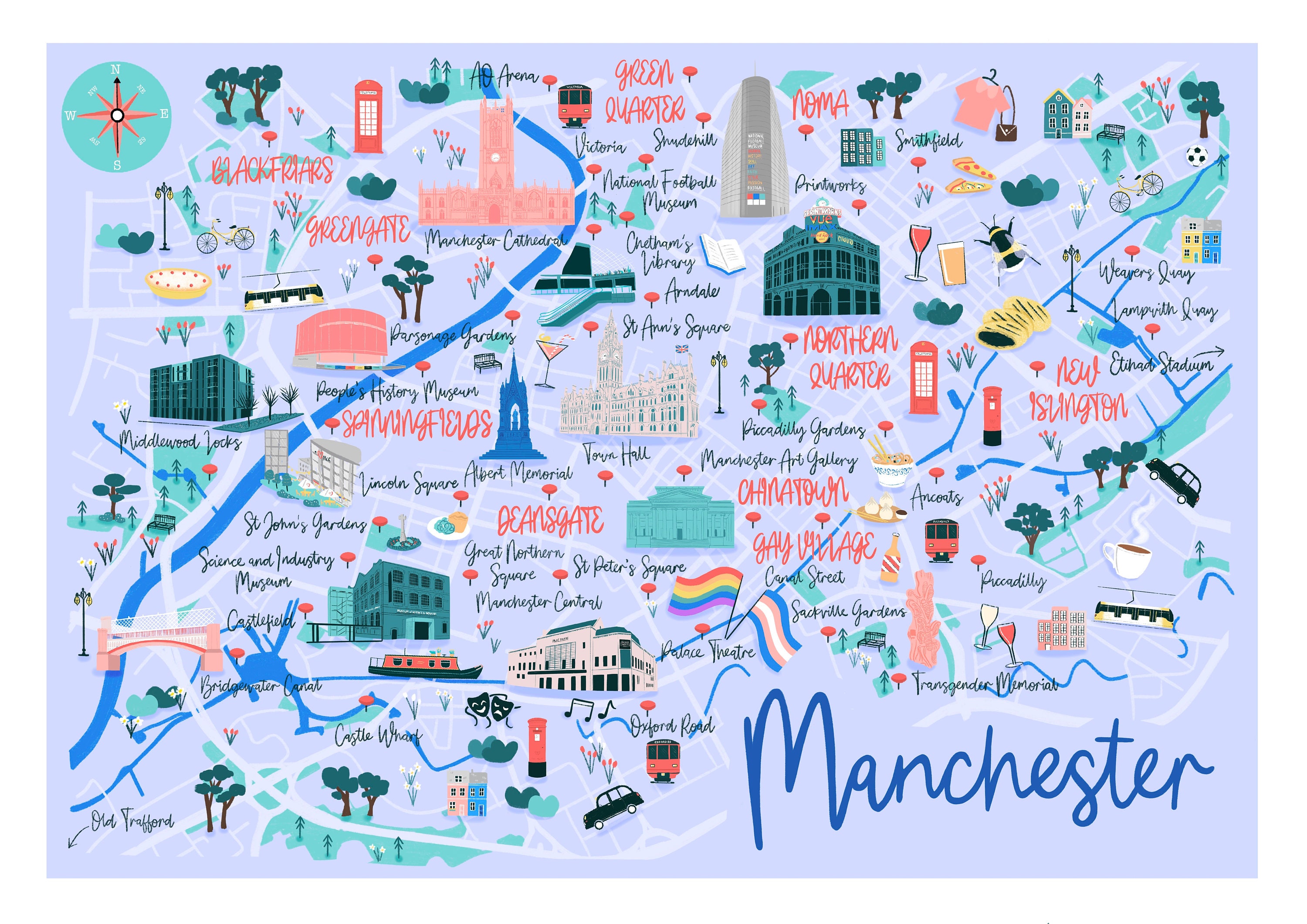 Map of Manchester Manchester Travel Print Hand Drawn Map - Etsy