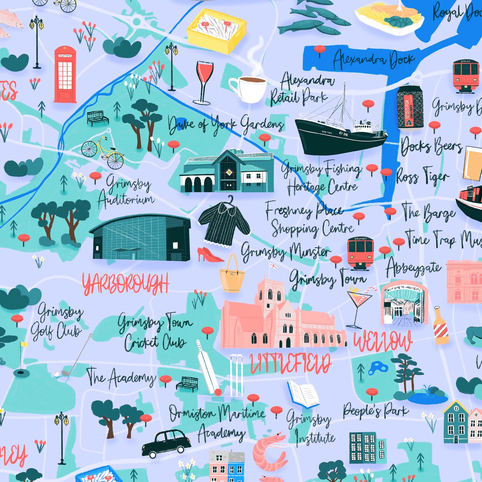 Map of Grimsby, Grimsby Travel Print, Hand Drawn Map, Children’s ...