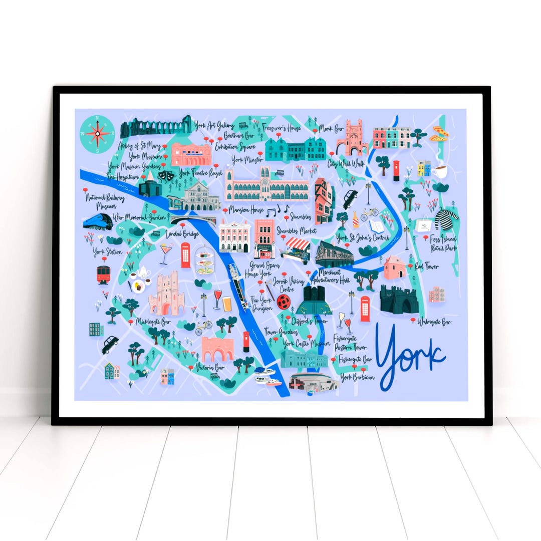 Map of York, York Travel Print, Hand Drawn Map, British Travel Print ...