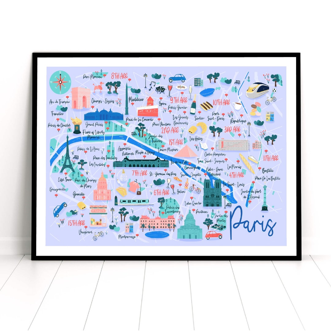 Map of Paris, Paris Travel Print, Hand Drawn Map, French Travel Print ...