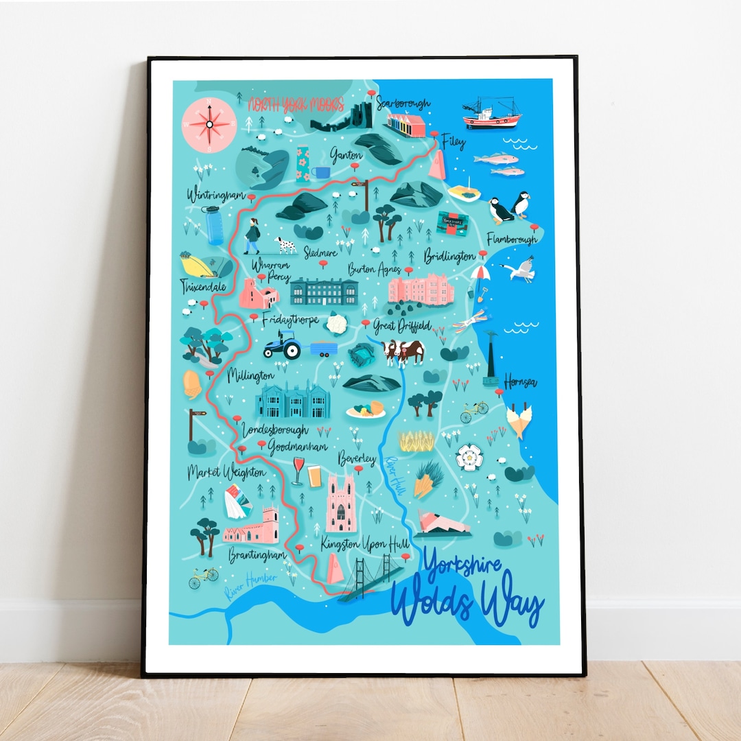 Yorkshire Wolds Way Art Print, Trail Map, Walking Map, Yorkshire Travel ...