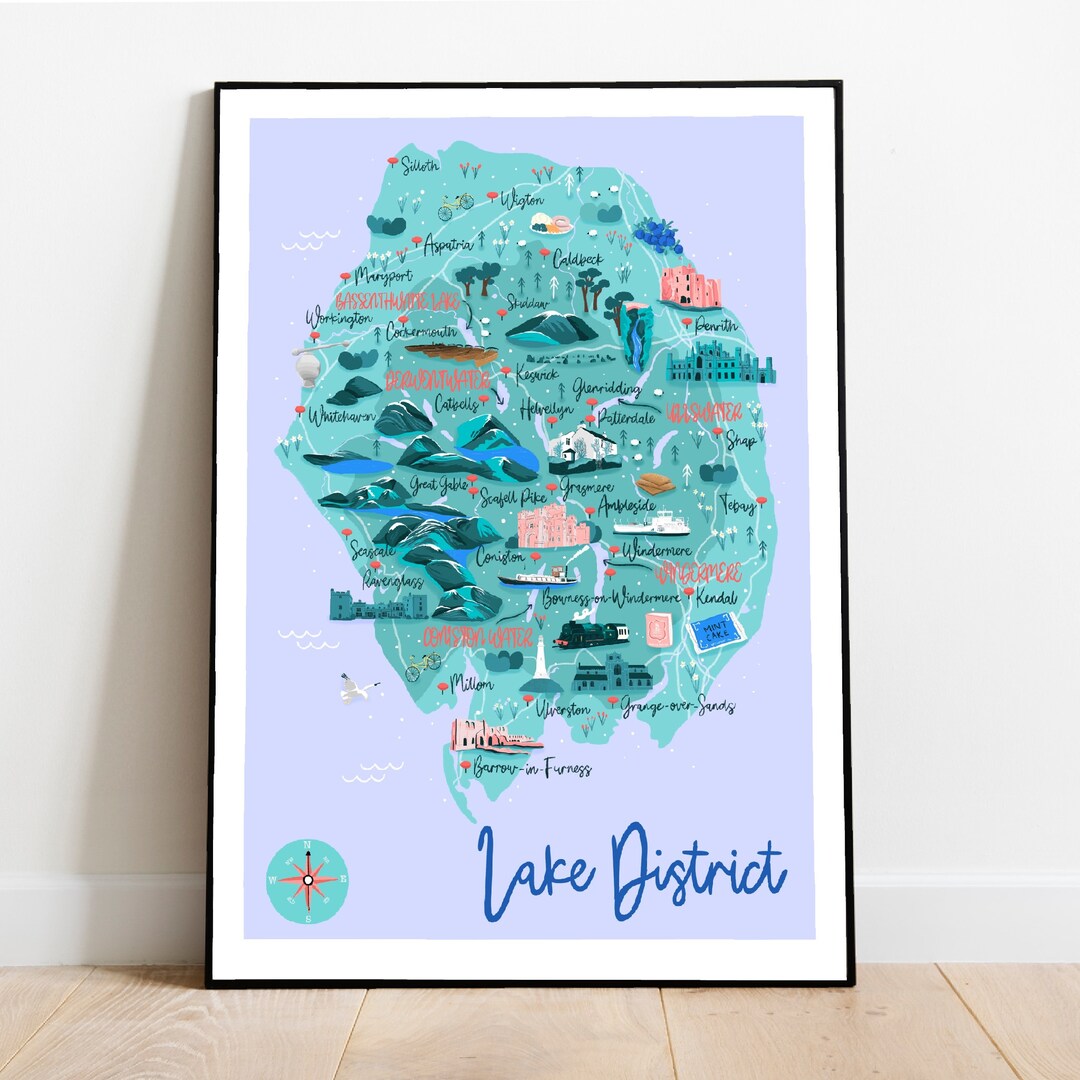 Map of the Lake District Art Print, Lake District Travel Print, Hand ...
