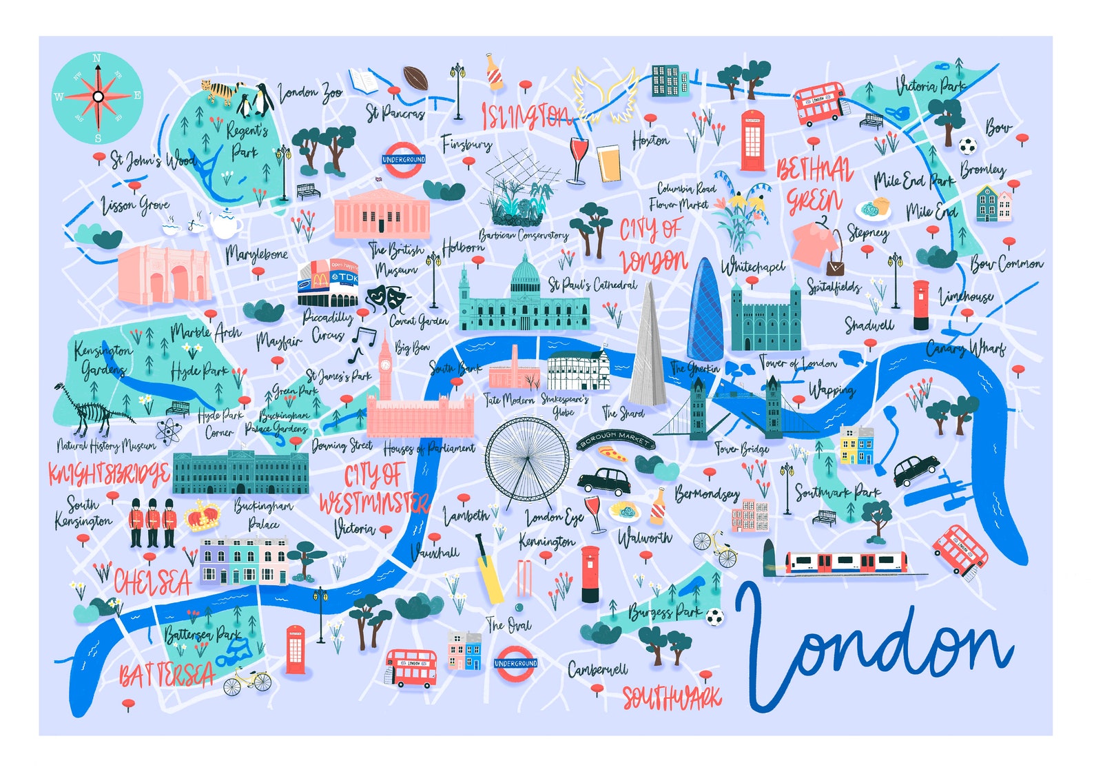 Map of London London Travel Print Hand Drawn Map Kids Wall - Etsy
