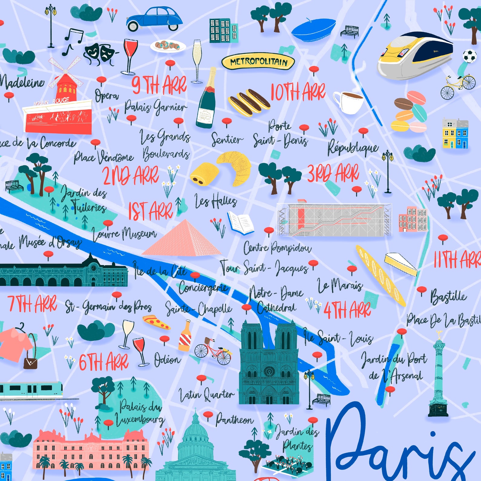 Map of Paris Paris Travel Print Hand Drawn Map French - Etsy