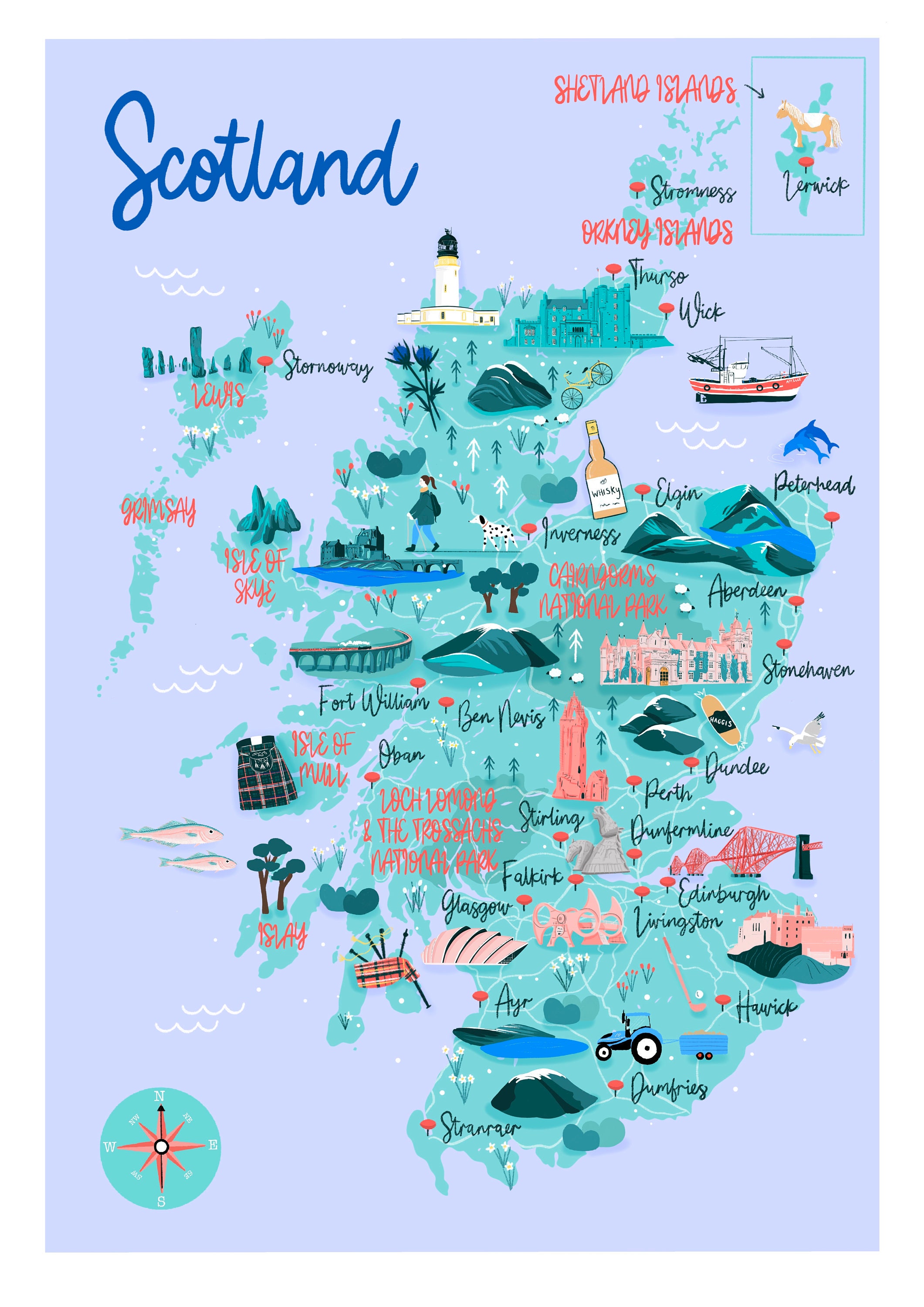 Map of Scotland, Scotland Travel Print, Hand Drawn Map, British Travel ...