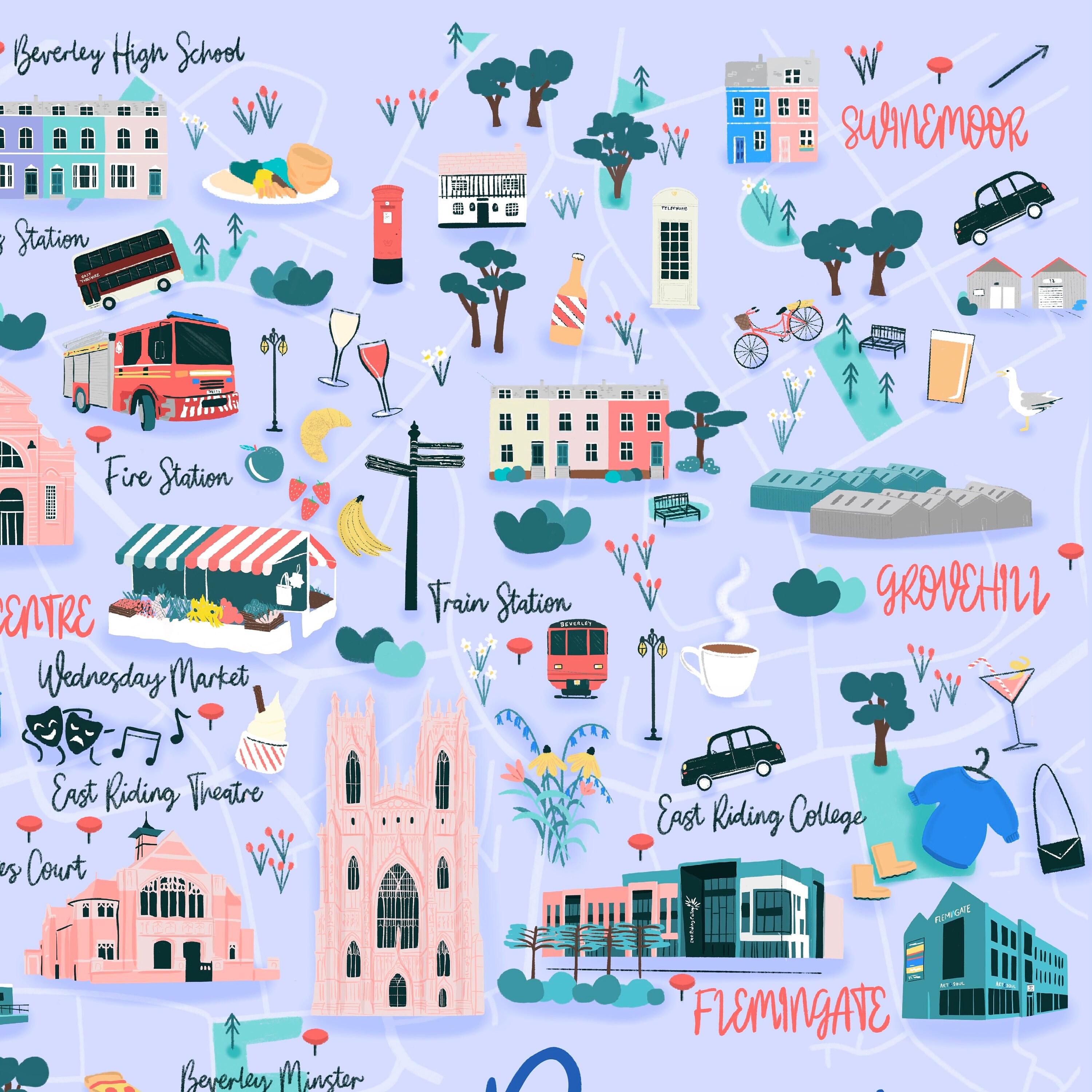 Map of Beverley, Beverley Travel Print, Hand Drawn Map, British Travel ...