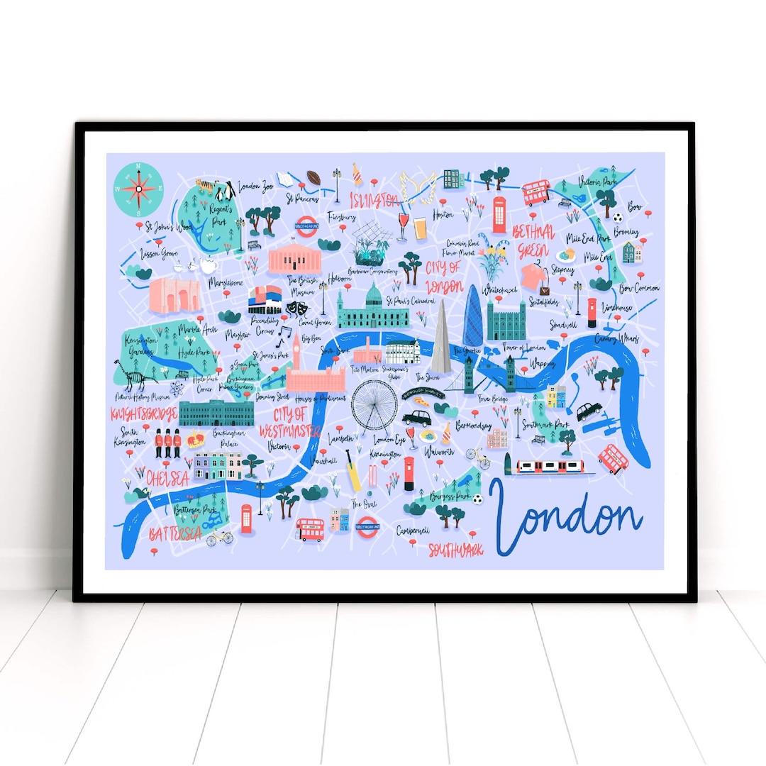 London Map Art Print, London Travel Print, Hand Drawn Map, Kids Wall ...