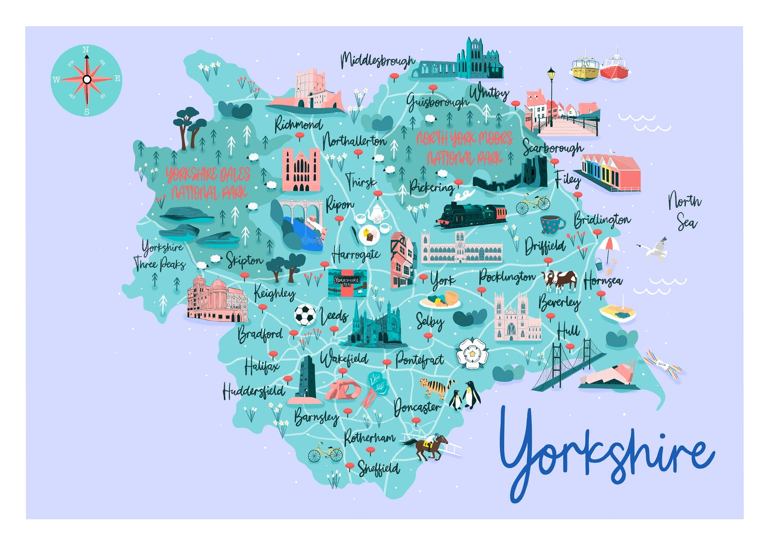 Map of Yorkshire Giclée Art Print Yorkshire Travel Print - Etsy