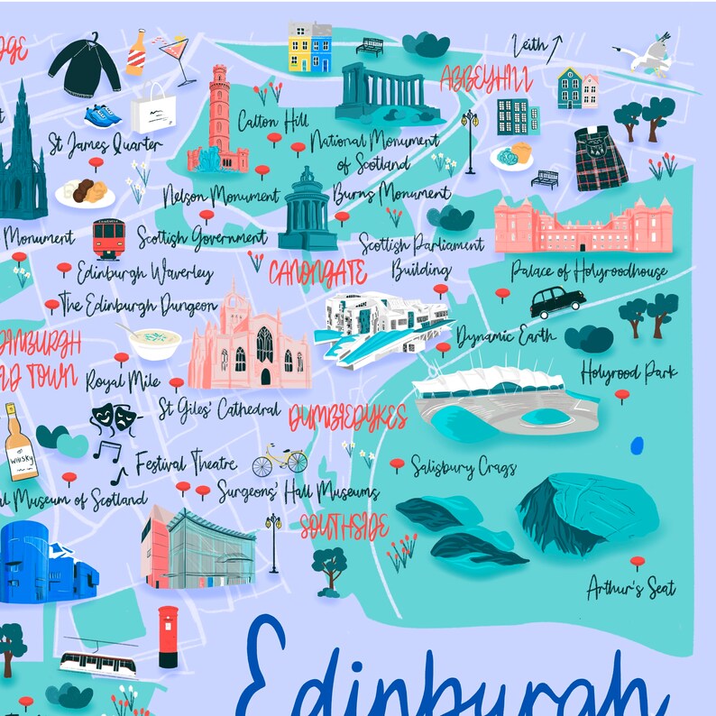 Map of Edinburgh, Edinburgh Travel Print, Hand Drawn Map, Scottish ...