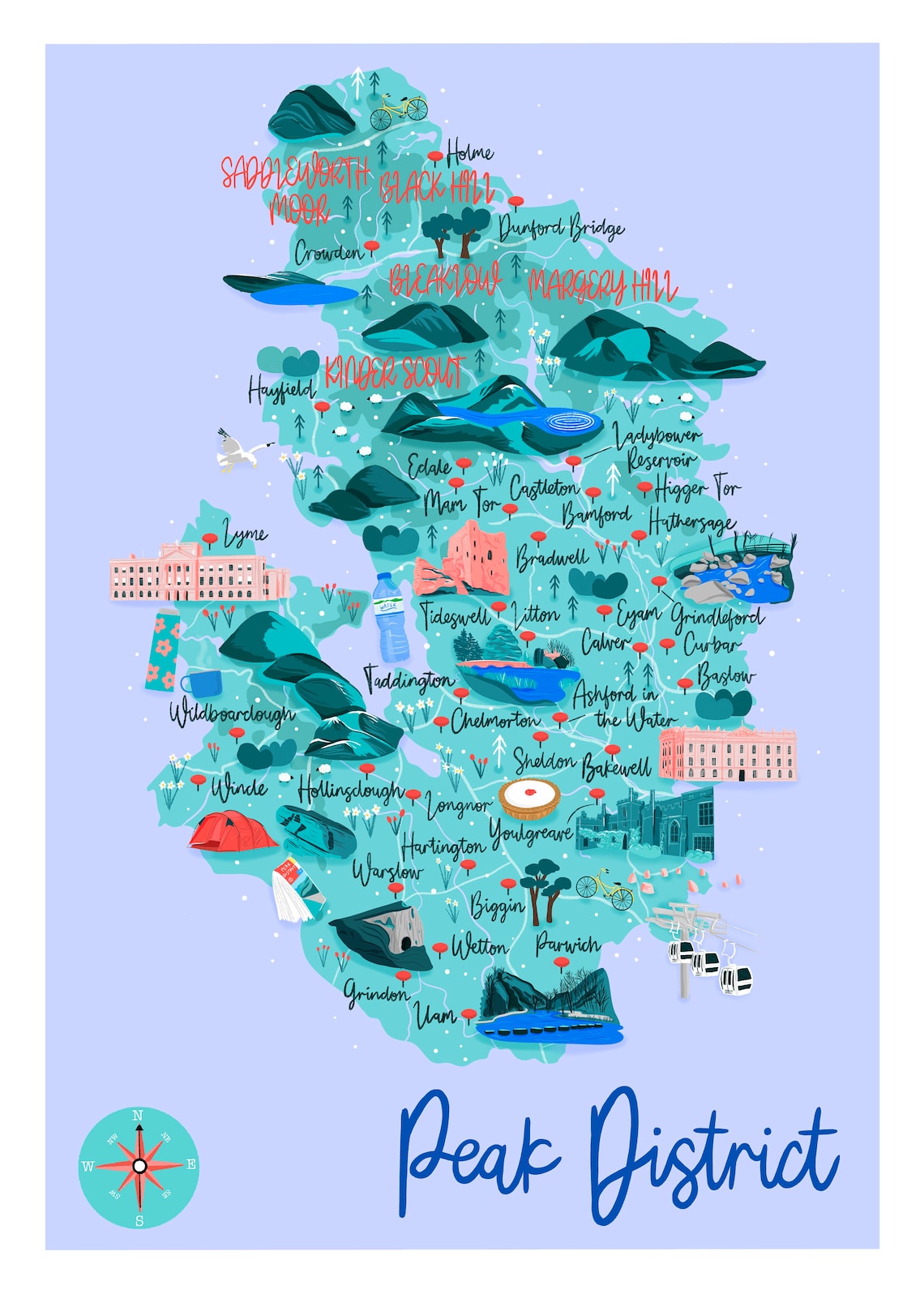 Map of the Peak District Art Print, Peak District Travel Print, Hand ...