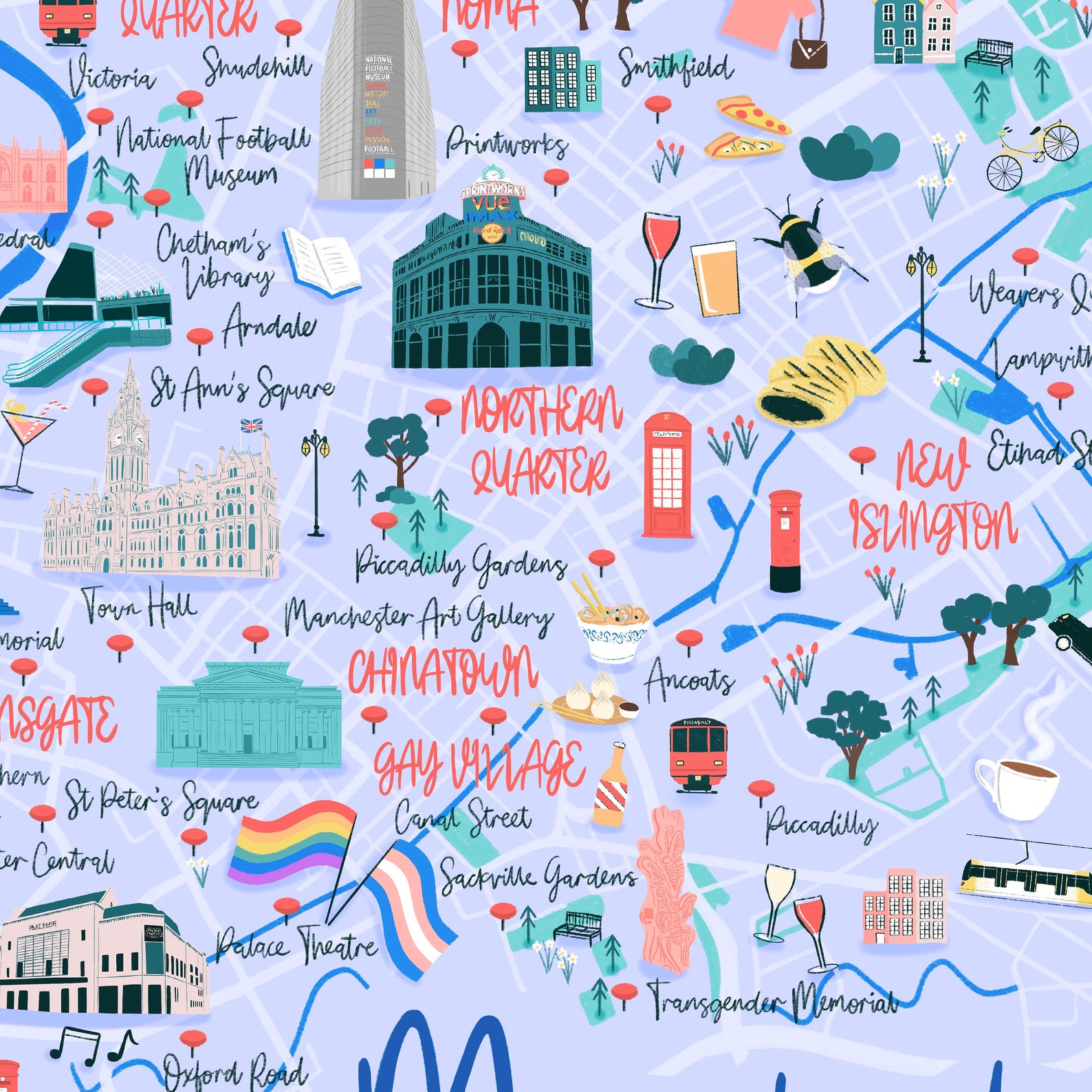 Manchester Map Art Print, Manchester Travel Print, Hand Drawn Map ...