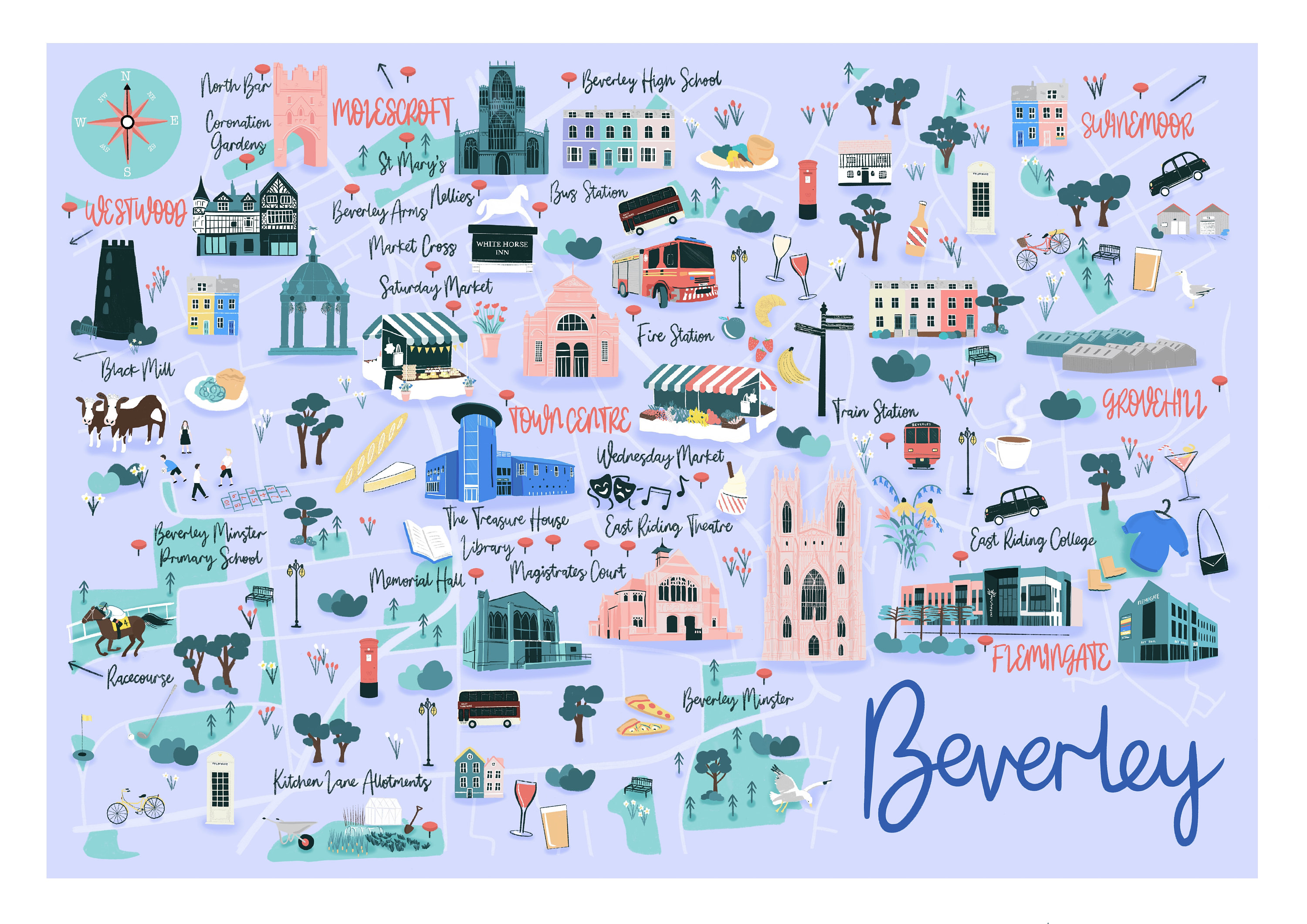 Map of Beverley, Beverley Travel Print, Hand Drawn Map, British Travel ...