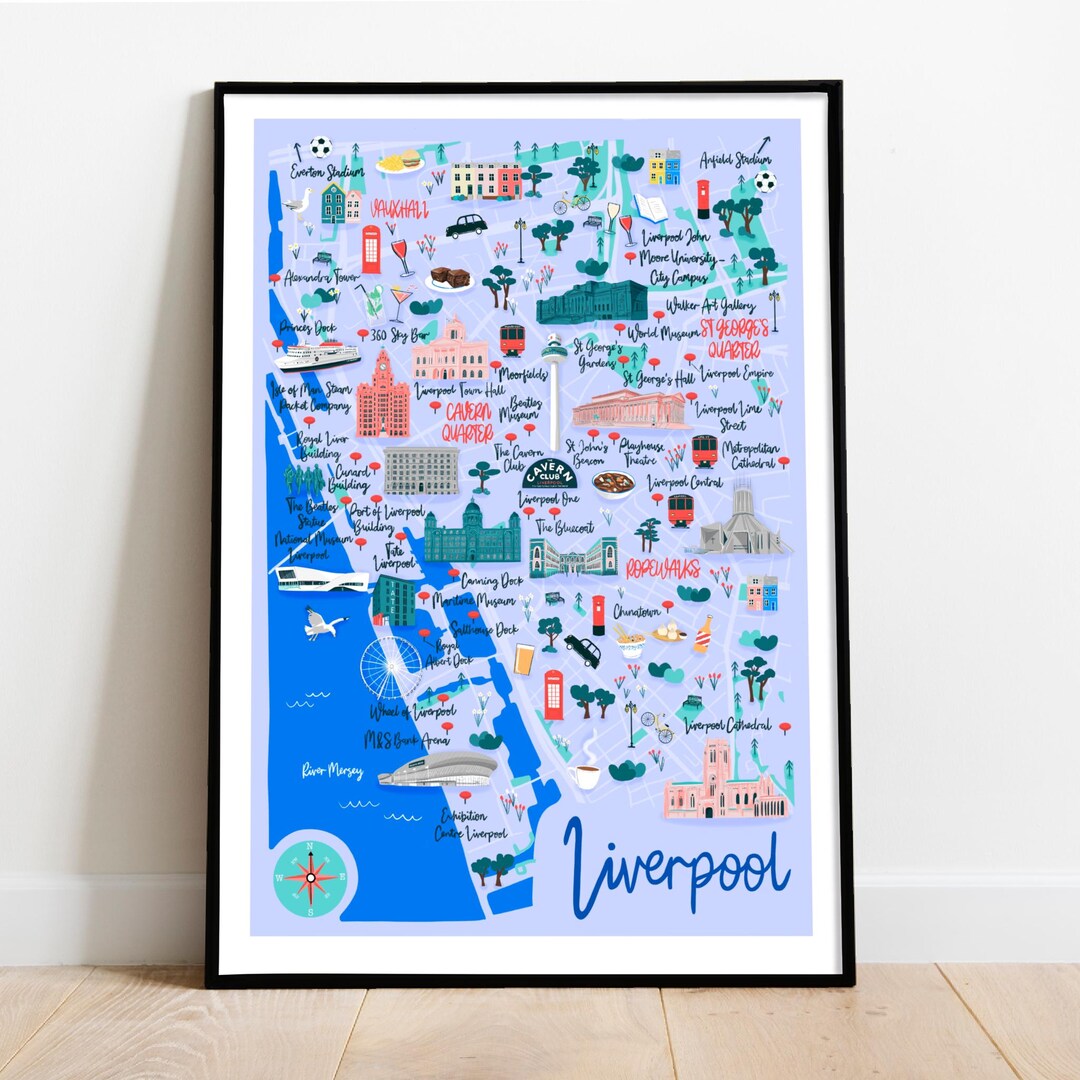 Map of Liverpool Art Print, Liverpool Travel Print, Hand Drawn Map ...