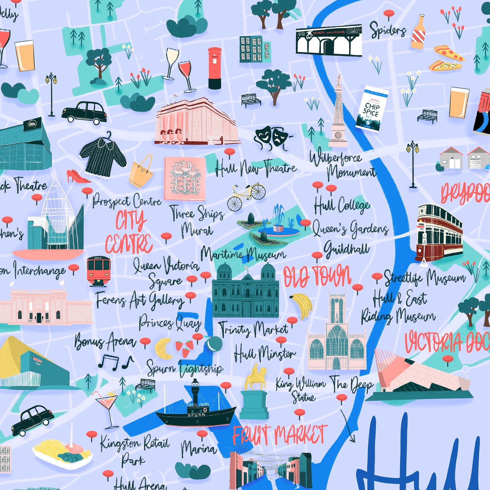 Map of Hull, Hull Travel Print, Hand Drawn Map, British Travel Print ...