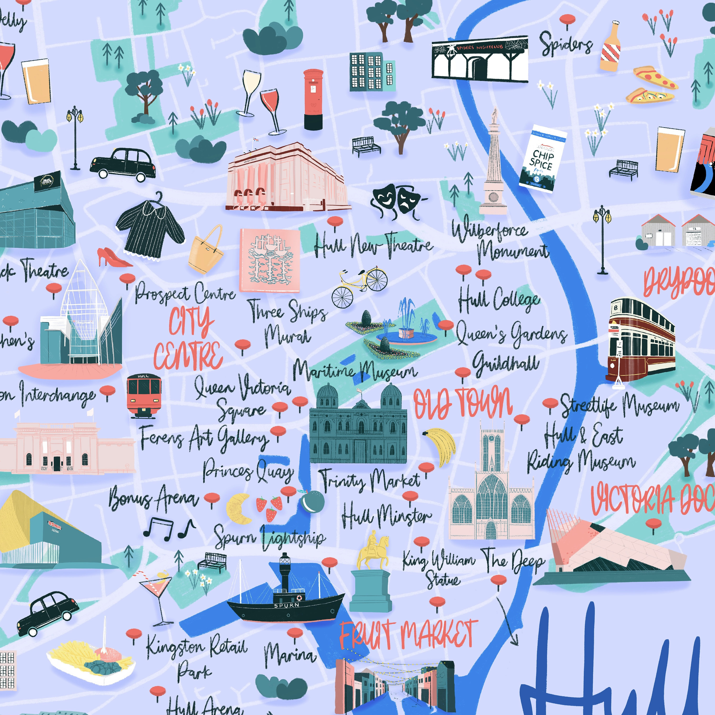 Map of Hull, Hull Travel Print, Hand Drawn Map, British Travel Print ...