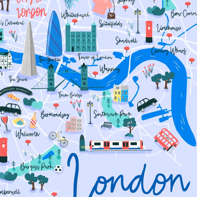 Map of London London Travel Print Hand Drawn Map Kids Wall - Etsy