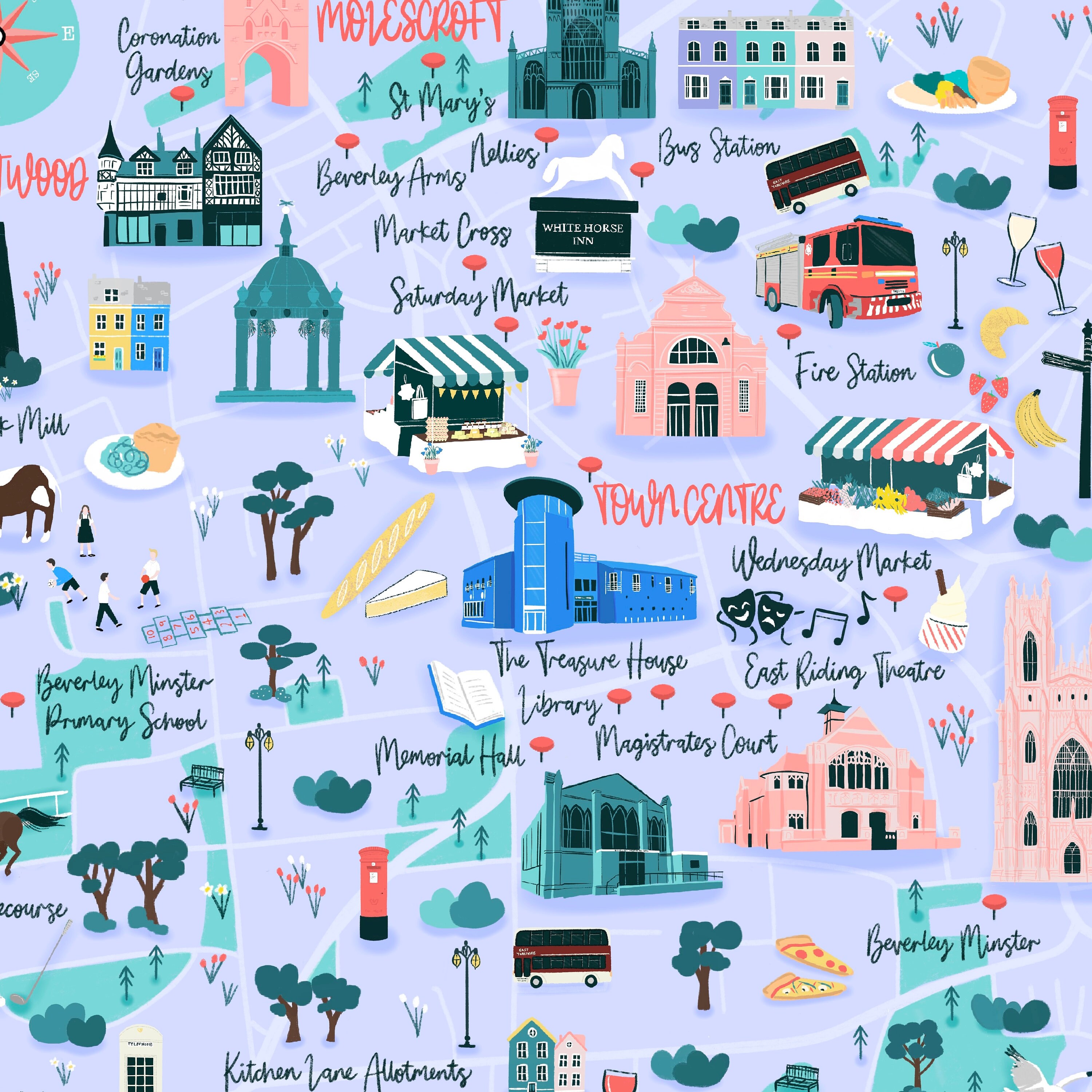 Map of Beverley, Beverley Travel Print, Hand Drawn Map, British Travel ...