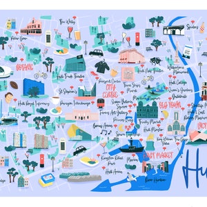 Map of Hull, Hull Travel Print, Hand Drawn Map, British Travel Print ...