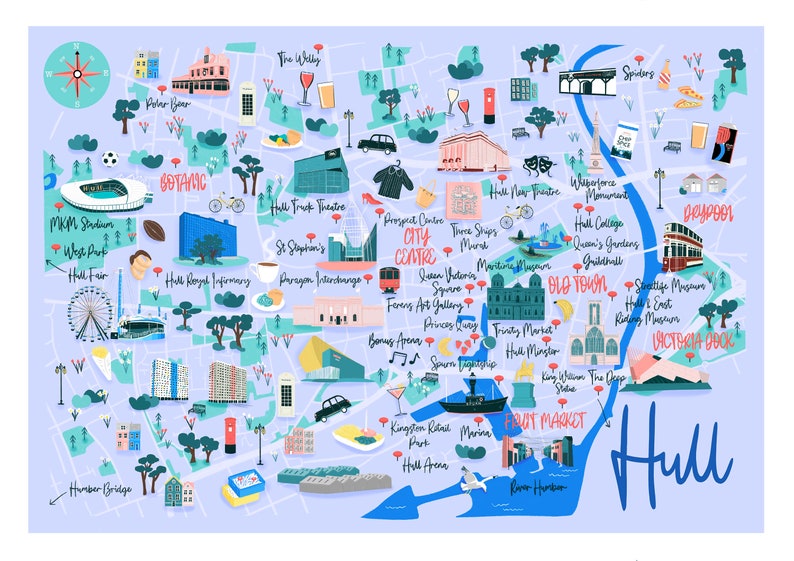 Map of Hull, Hull Travel Print, Hand Drawn Map, British Travel Print ...