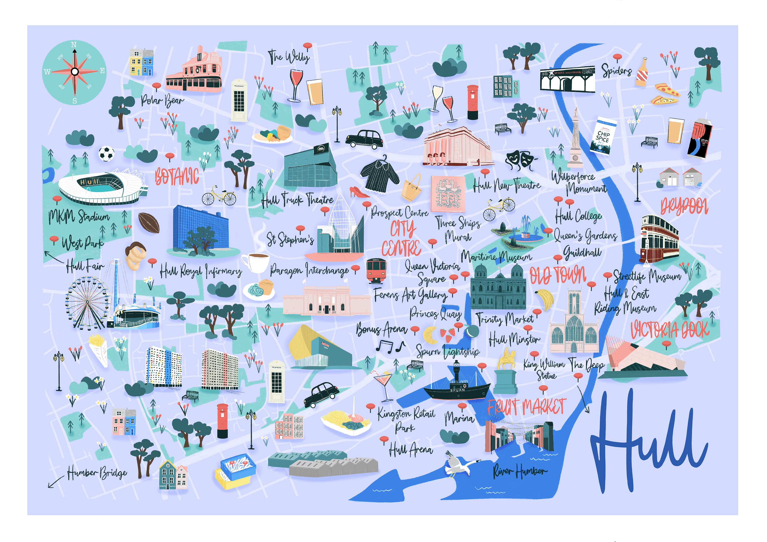 Map of Hull, Hull Travel Print, Hand Drawn Map, British Travel Print ...