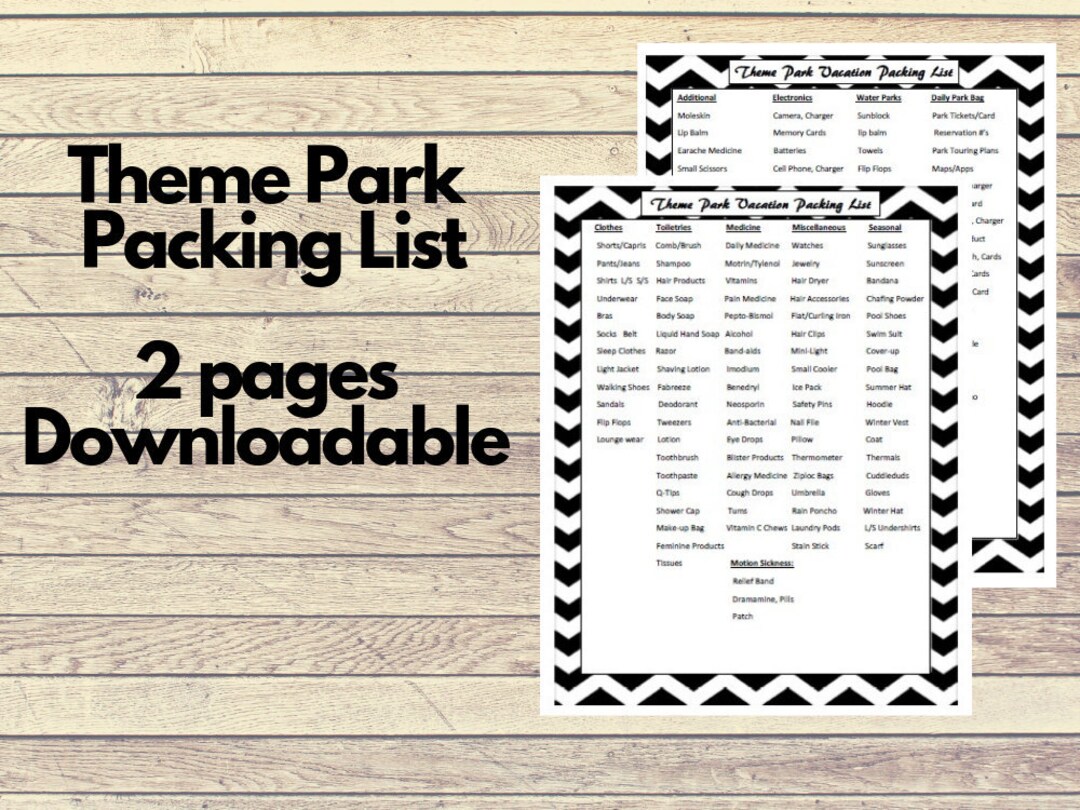 Theme Park Vacation Packing List/vacation Packing/digital Download ...