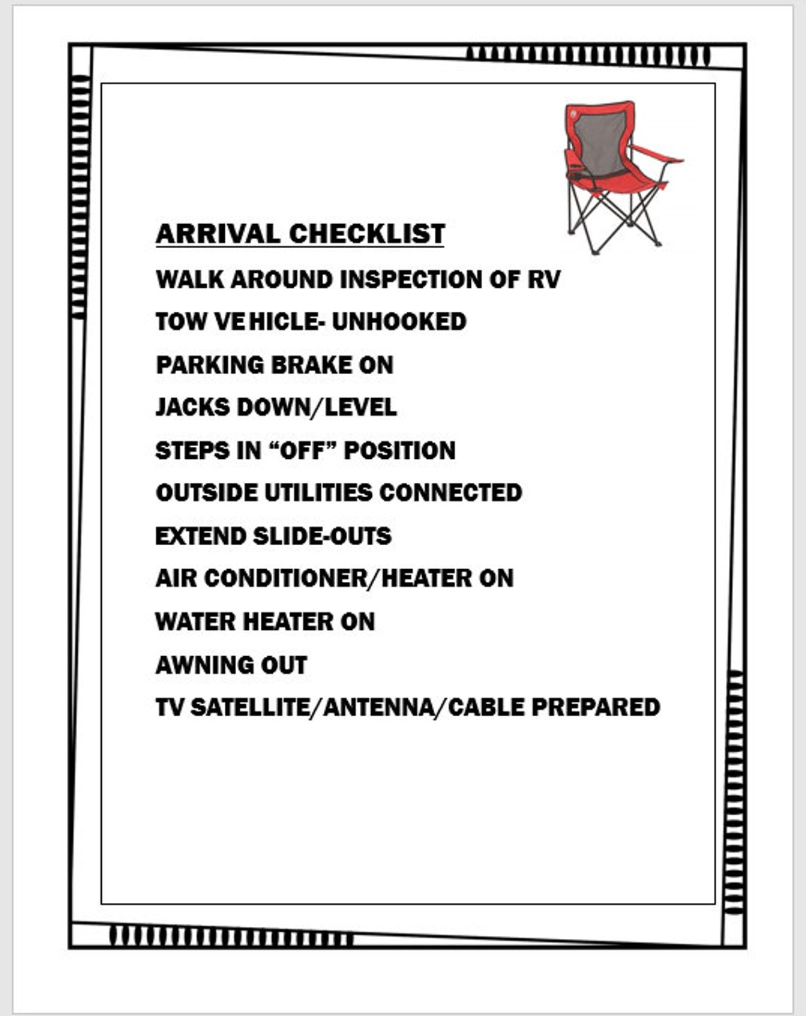 RV Departure Arrival Check List Motorhome Vacation Camper List - Etsy