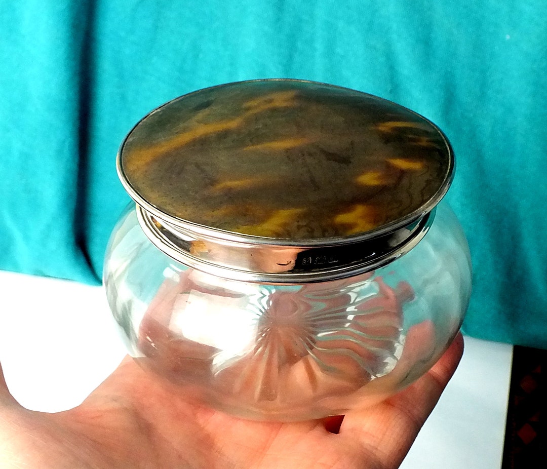 201g Large Antique Solid Silver and Tortoiseshell Lidded Cut Glass Jar ...
