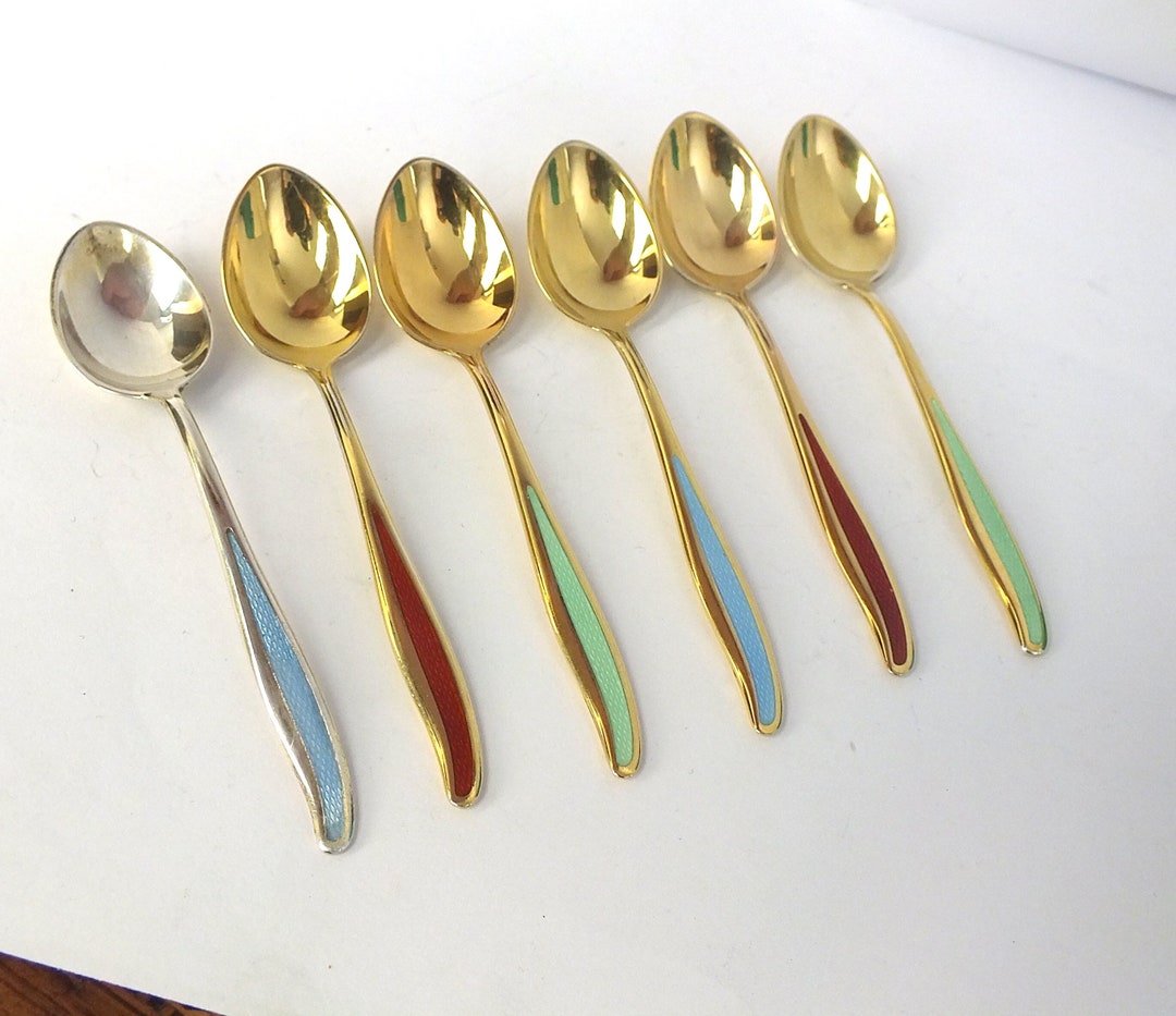 Set of Six Vintage Danish Solid Silver Gilt and Guilloche Enamel Spoons ...