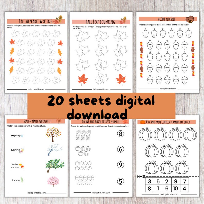 Fall Themed Learning Printable Bundle for Preschool, Kindergarten Kids ...