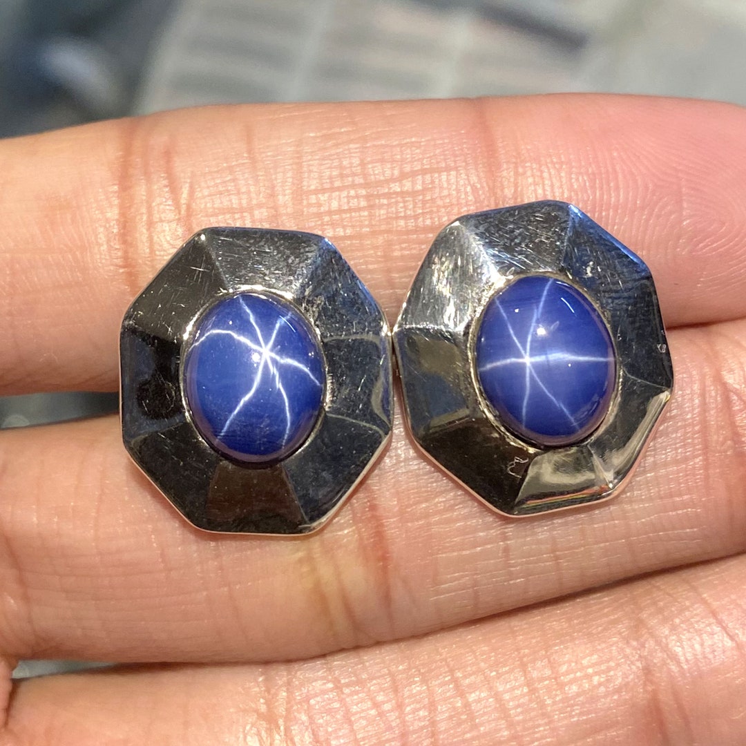 Gorgeous Royal Blue 6 Ray Star Blue Sapphire Gemstone Stud Earring 925 ...