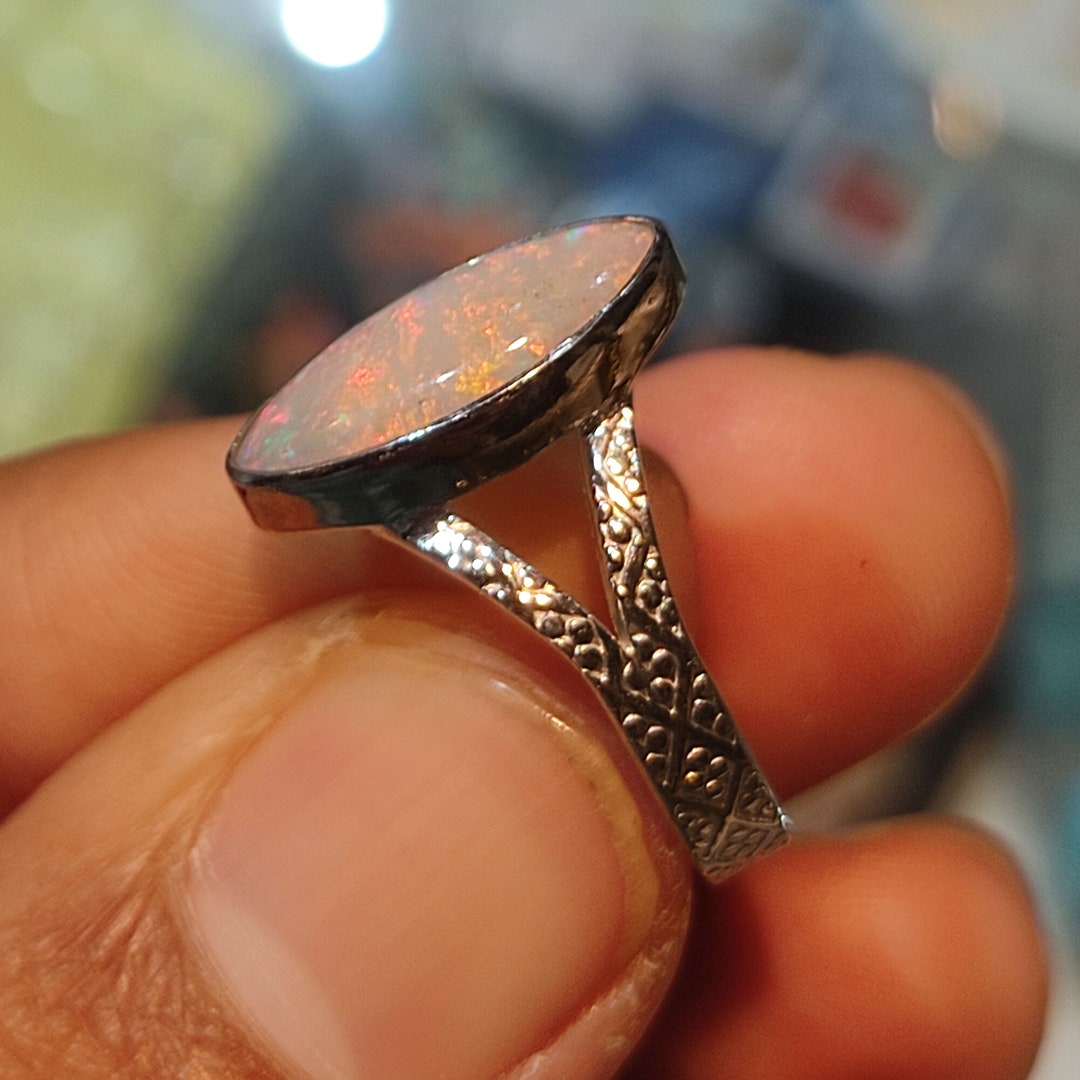 Natural Australian Opal Red Fire Stone 925 Solid Sterling Silver Ring ...