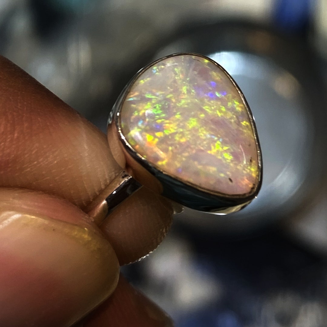 Natural Solid Australian Opal Multi Fire Ring 925 Solid Sterling Silver ...