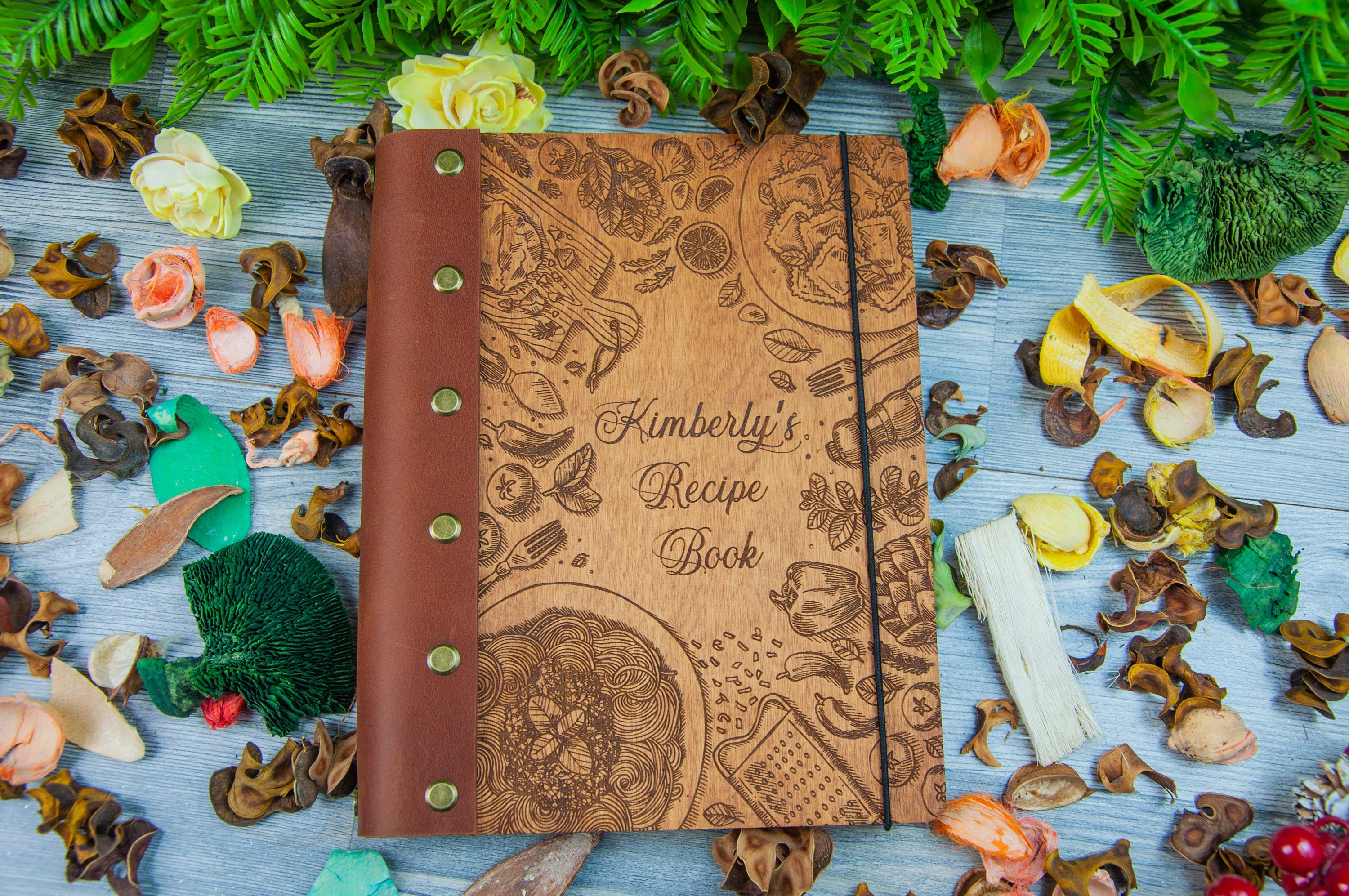 Personalized Wooden Recipe Journal, Custom Cookbook, Leather Spine - Etsy