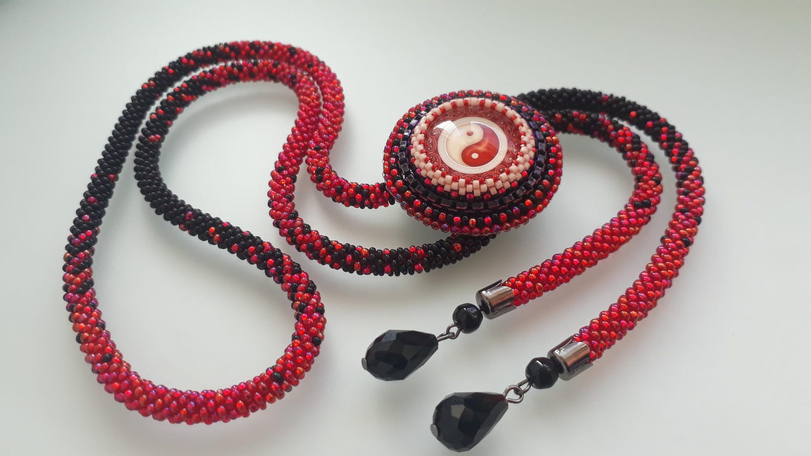 Tie Lariat Beaded Bolo, Tie Long Lariat, Bead Crochet Necklace Black ...