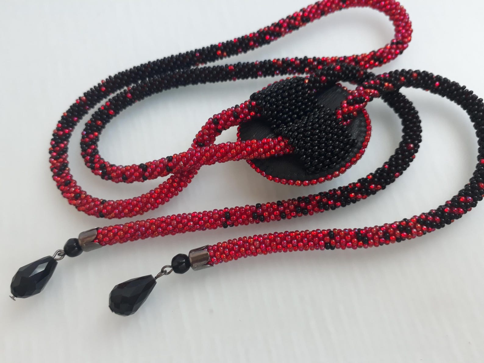 Tie Lariat Beaded Bolo, Tie Long Lariat, Bead Crochet Necklace Black ...