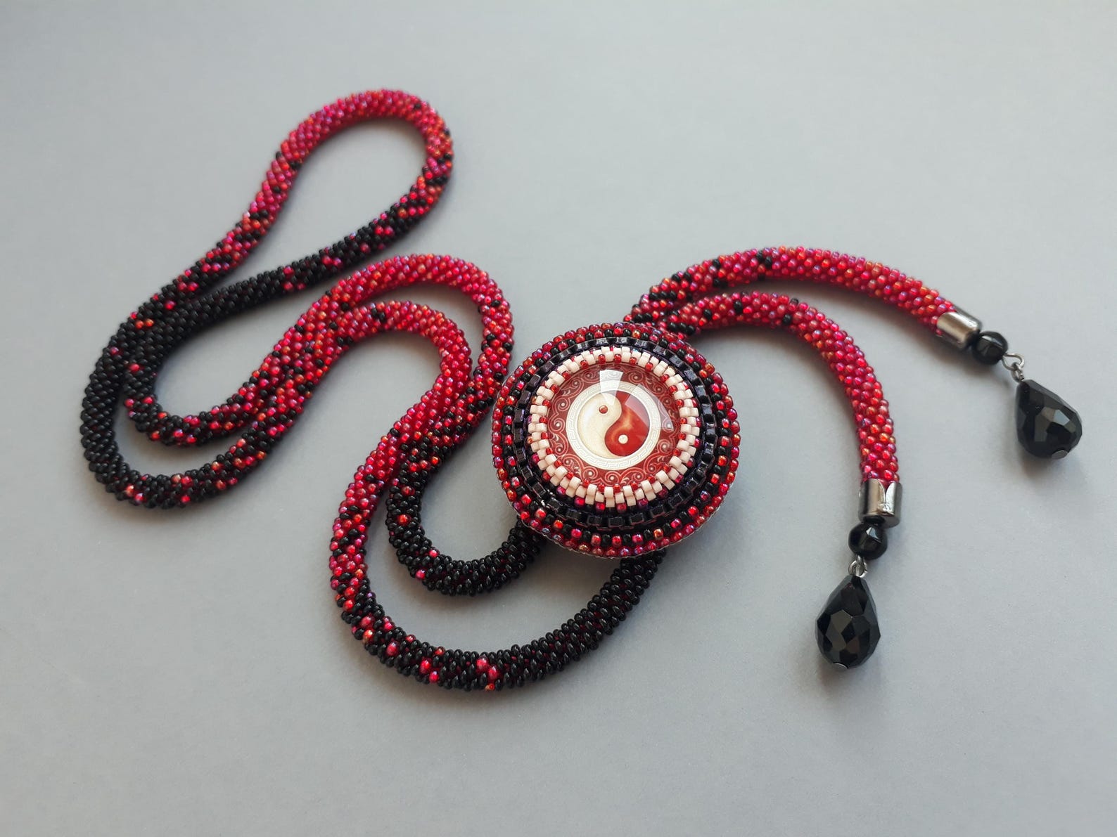 Tie Lariat Beaded Bolo, Tie Long Lariat, Bead Crochet Necklace Black ...