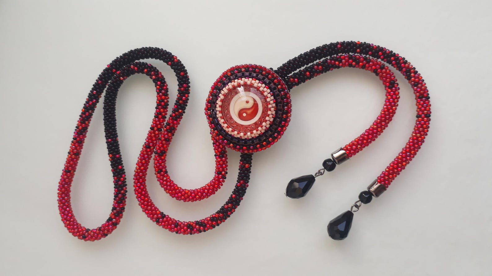 Tie Lariat Beaded Bolo, Tie Long Lariat, Bead Crochet Necklace Black ...