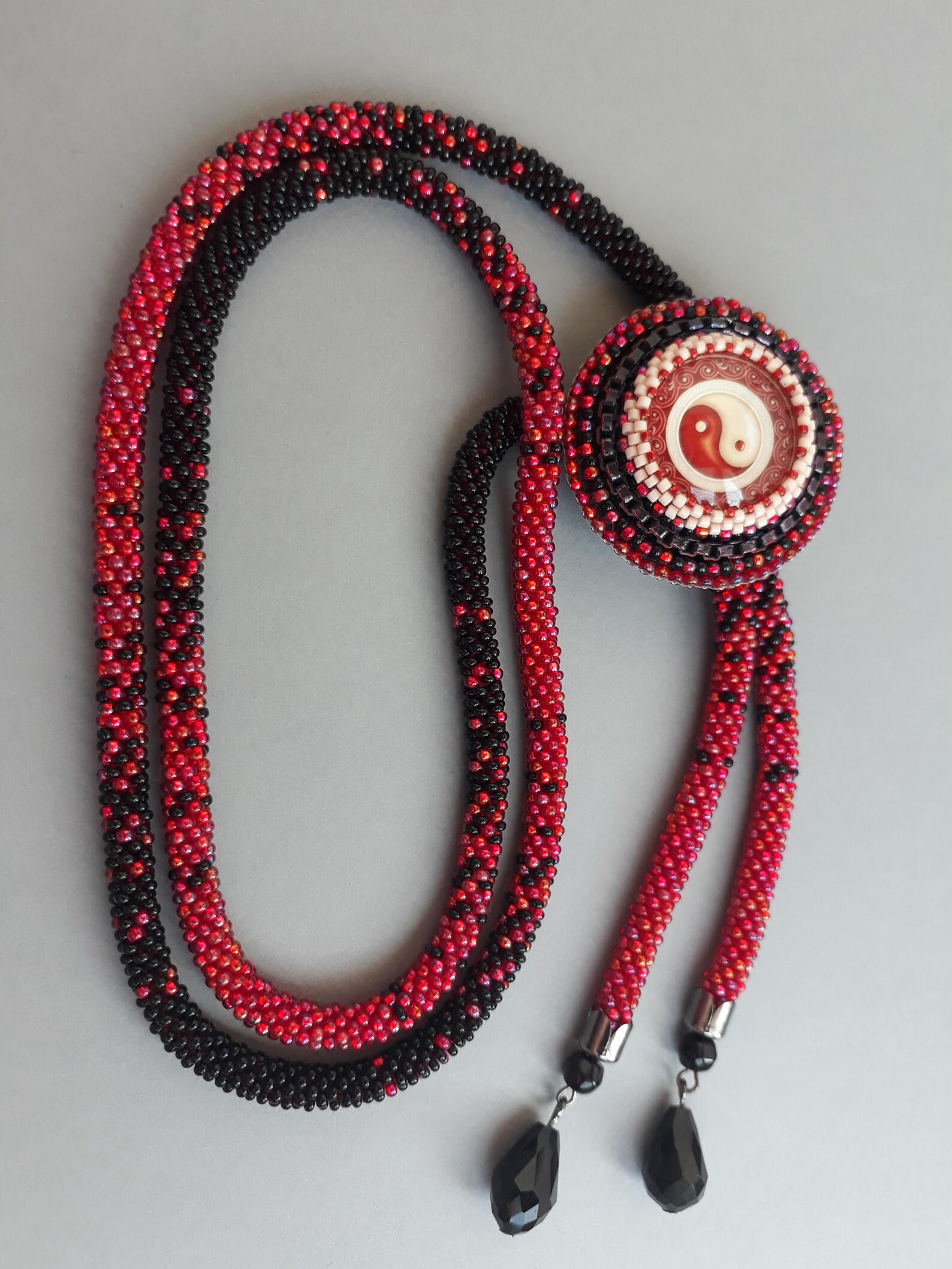 Tie Lariat Beaded Bolo, Tie Long Lariat, Bead Crochet Necklace Black ...