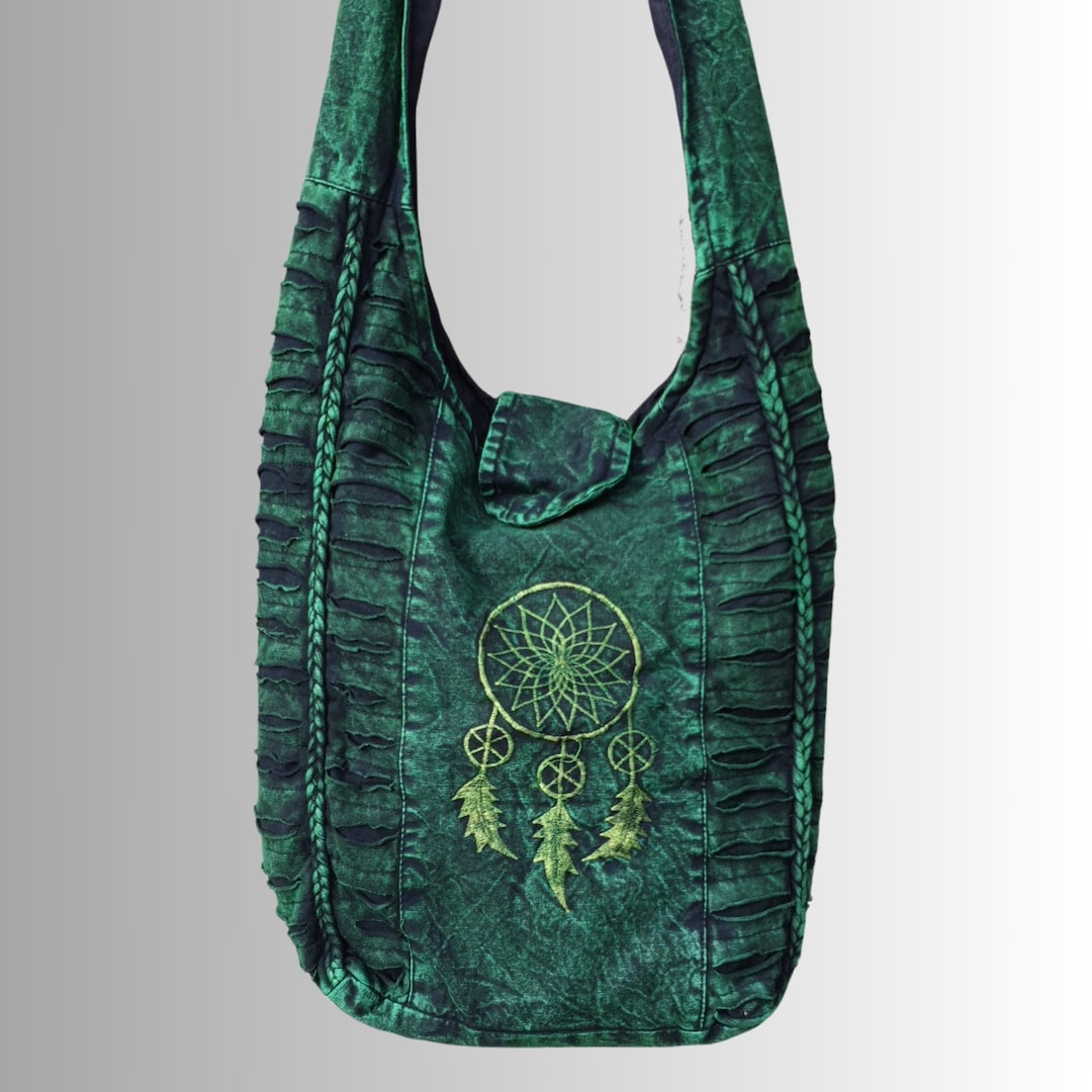 Dark Green Slashed Cotton Shoulder Bag With Dream Catcher Design - Etsy