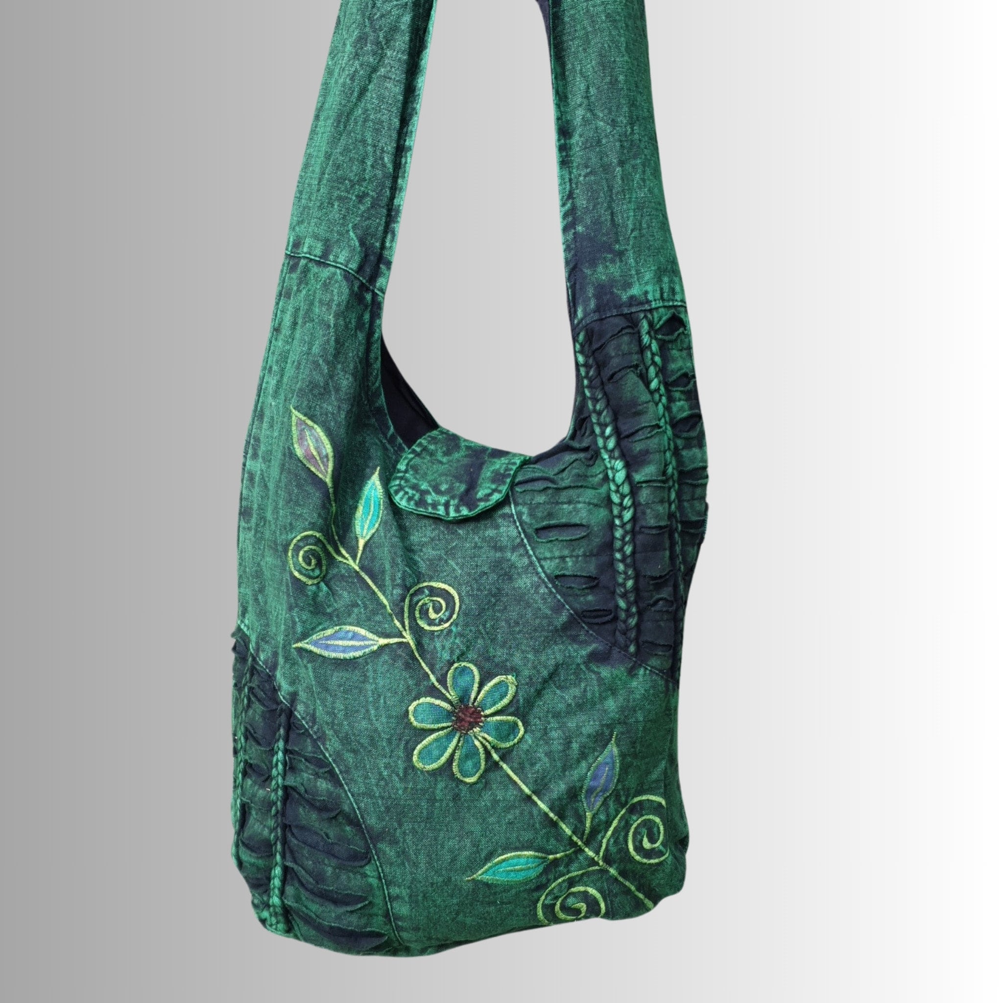 Dark Green Slashed Cotton Shoulder Bag With Flower Design - Etsy