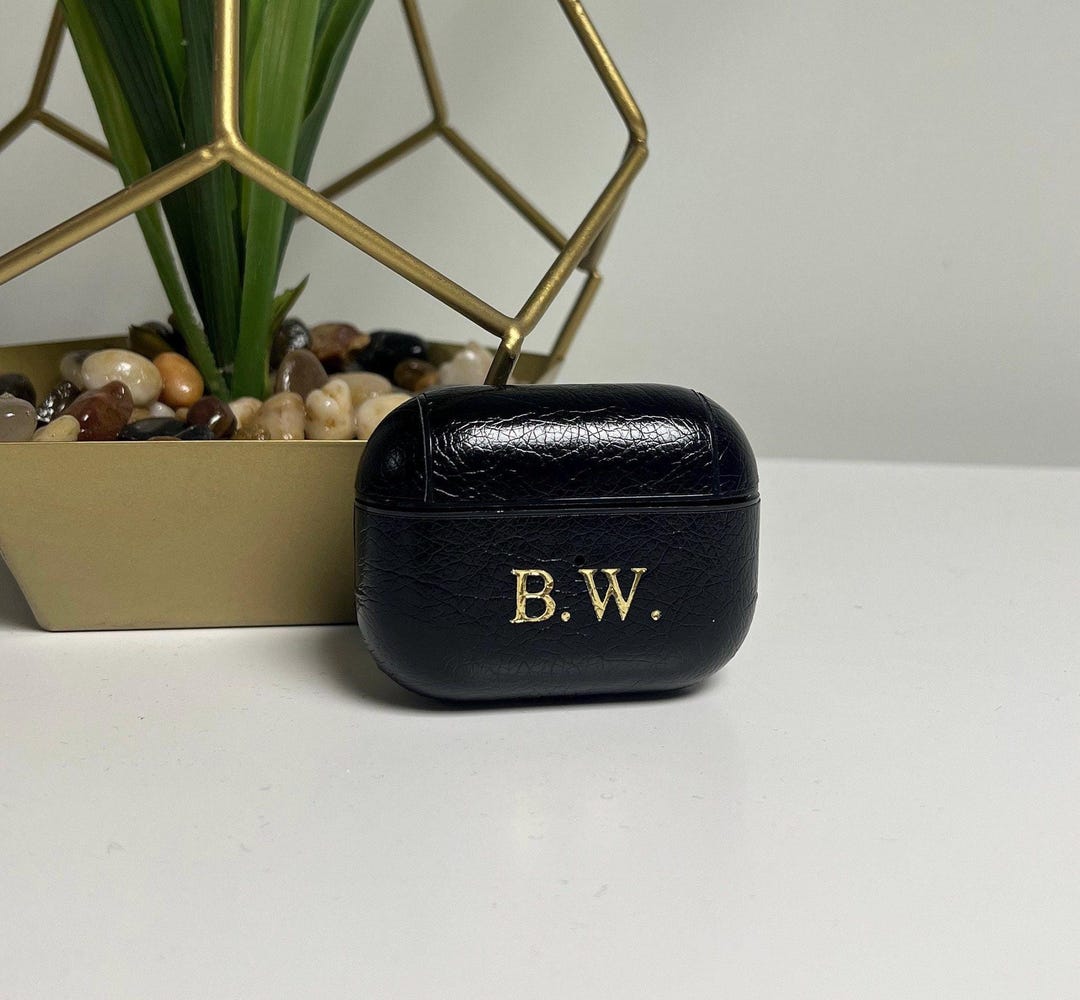 Personalized Airpods 3 Case, Black PU Leather, Hot Stamp Initials (gold ...