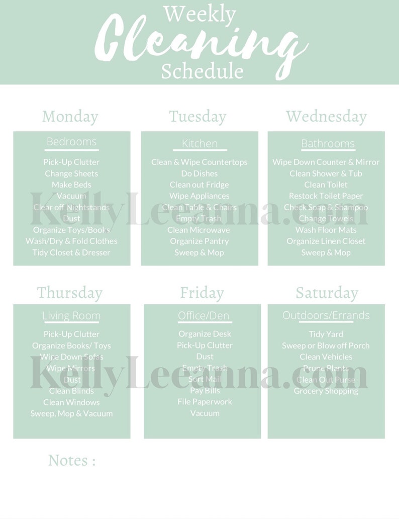 Weekly Cleaning Schedule, INSTANT DOWNLOAD, Cleaning Checklist ...