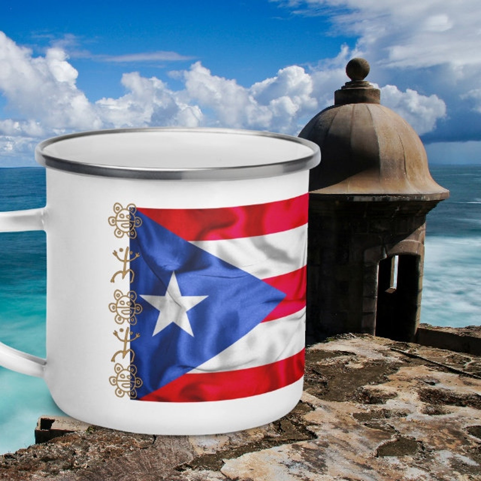 Puerto Rico Souvenir Enamel Mug: Taino Sun, Coqui, and Flag - Etsy