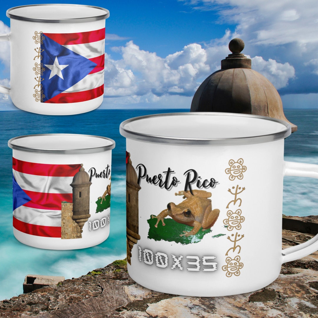 Puerto Rico Souvenir Enamel Mug: Taino Sun, Coqui, and Flag - Etsy