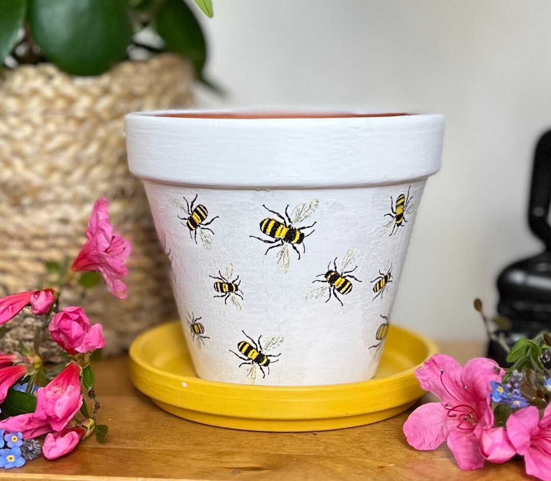 Bumble Bee Mini Decoupaged Flower Pot and Saucer Insect Window Sill ...
